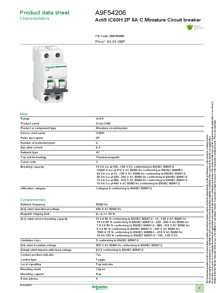 Product Data Sheet: Acti9 iC60H 2P 6A C Miniature Circuit Breaker | PDF ...