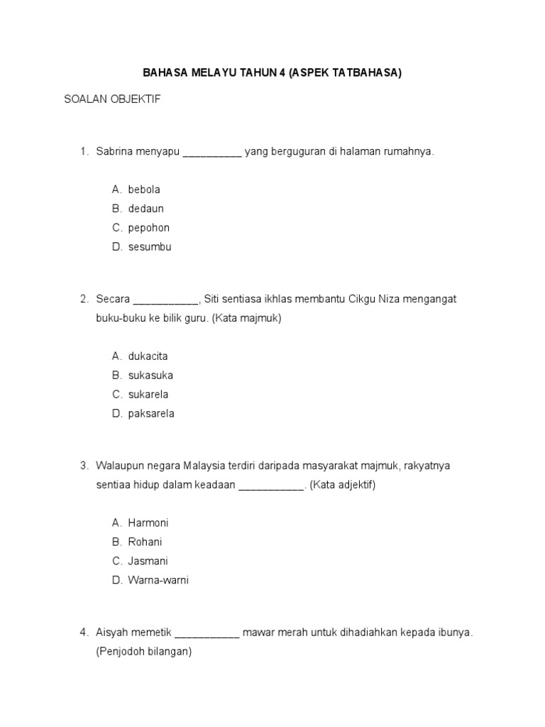 Soalan Objektif (JSU) BAHASA MELAYU TAHUN 4 | PDF