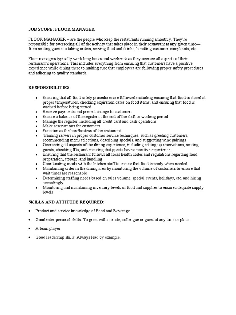 Job Scope - Floor Manager | PDF