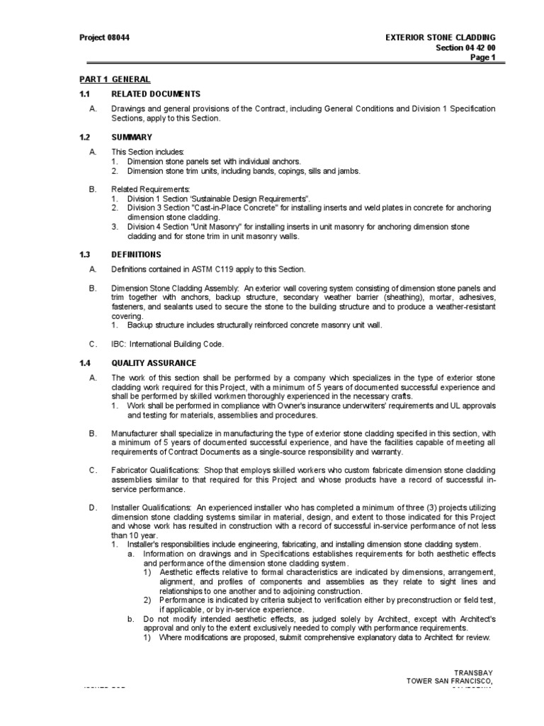 Exterior Stone Cladding Project Specifications | PDF | Concrete | Cement