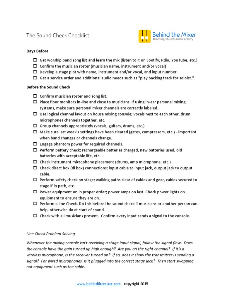 Soundcheckchecklist 1 1 | PDF | Sound | Telecommunications Engineering