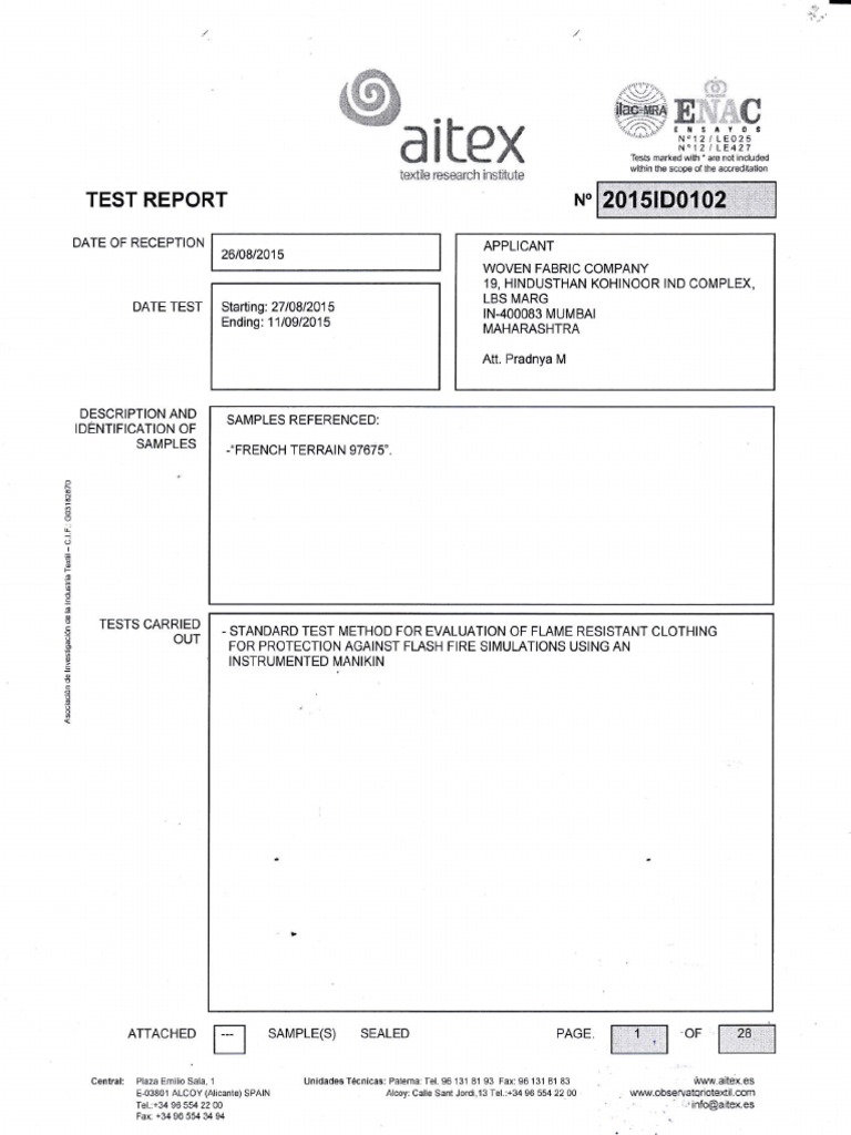 Aitex Manikin Test Report Nomex Coverall | PDF | Clothing | Legal Liability