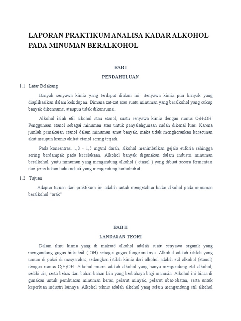 Laporan Praktikum Analisa Kadar Alkohol Pada Minuman Beralkohol | PDF