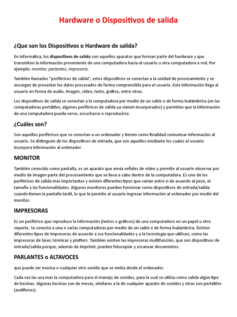 Hardware o Dispositivos de Salida | PDF | Periférico | Hardware de la ...