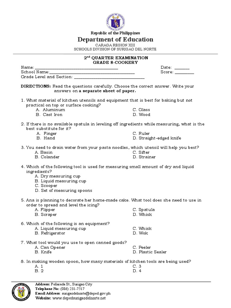 COOKERY - 8 - Quarter 2 Exam Questionnaire | PDF | Kitchen Utensil | Water