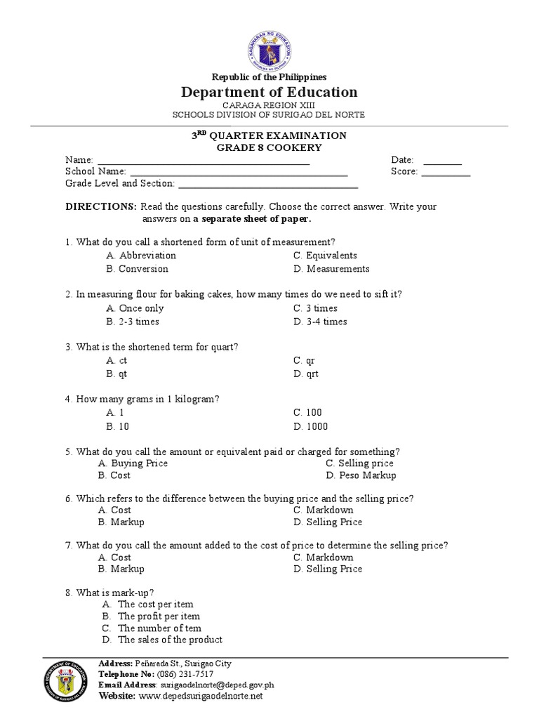 Grade 8-Cookery 3rd Quarter-Questionnaire | PDF | Prices | Kitchen Utensil
