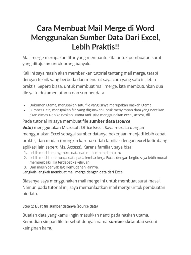 Cara Membuat Mail Merge Di Word Menggunakan Sumber Data Dari Excel | PDF | Metode & Bahan Ajar ...