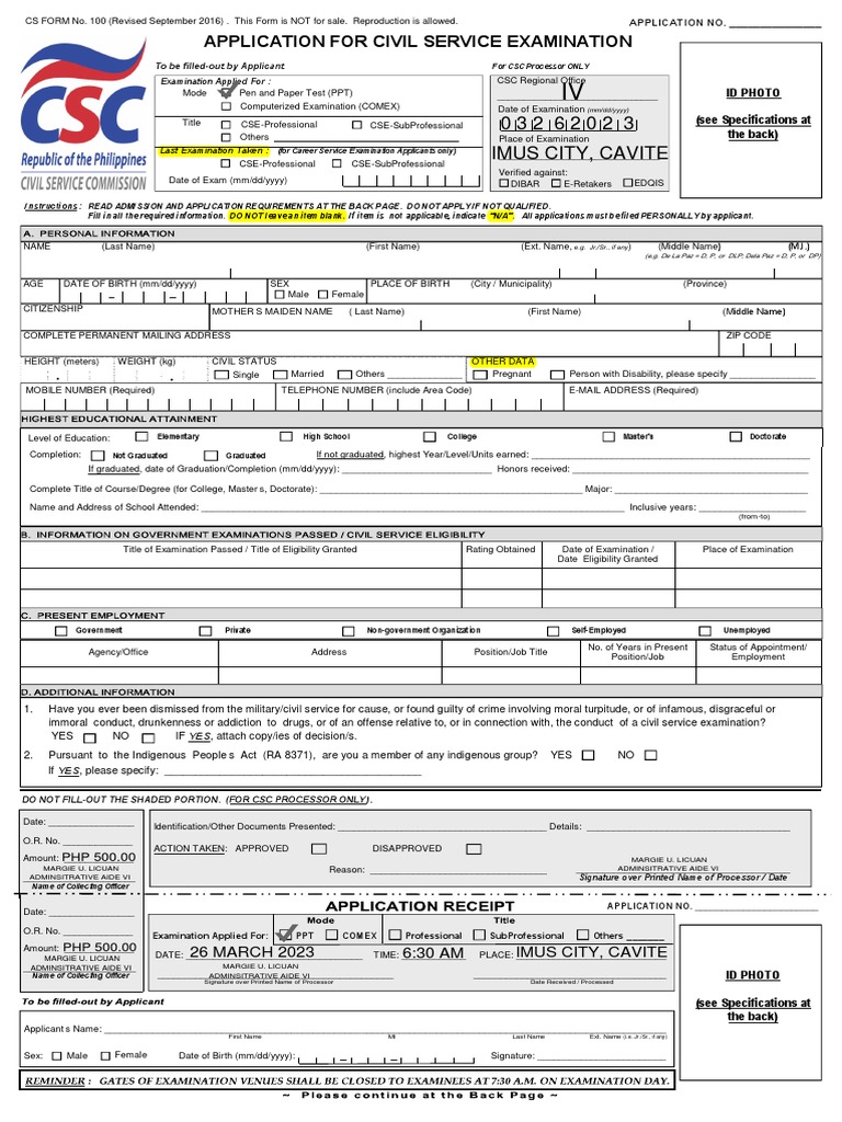 Civil Service Exam Application Form 100 | PDF | Identity Document ...