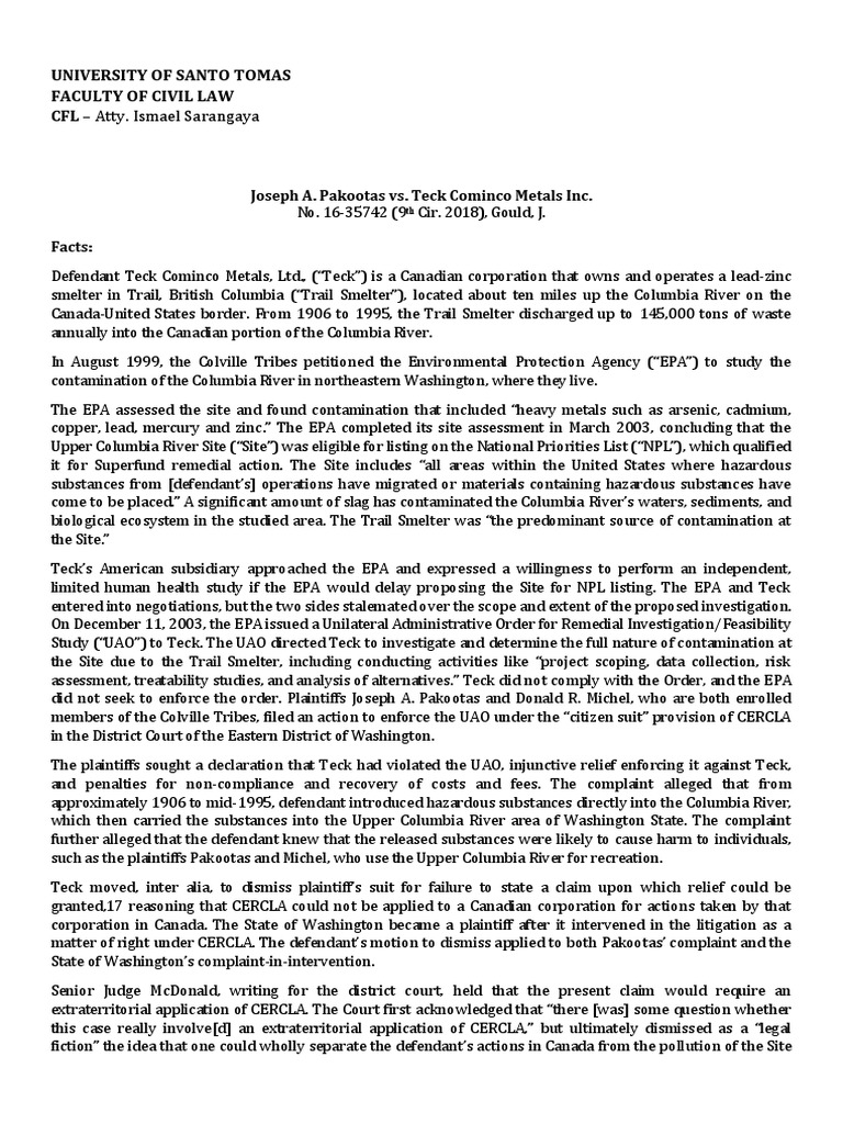 CERCLA's Extraterritorial Application Explained | PDF | Superfund | Lawsuit
