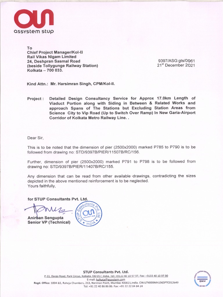 DDC-STUP Letter Dated 21.12.2021 For Clarification of Pier Dimension ...
