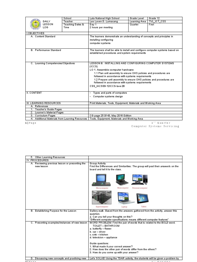 Grade 12 Computer Systems Lesson Plan | PDF | Learning | Teachers