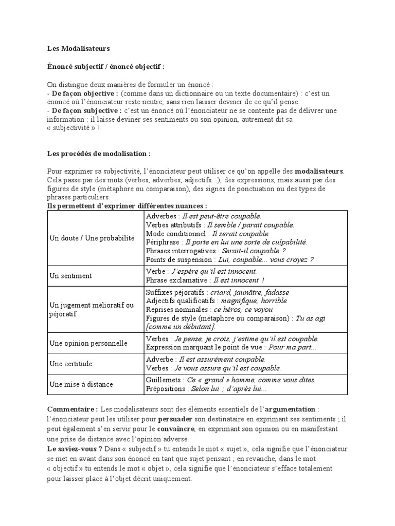 Comprendre les Modalisateurs en Français | PDF | Phrase | Sémiotique