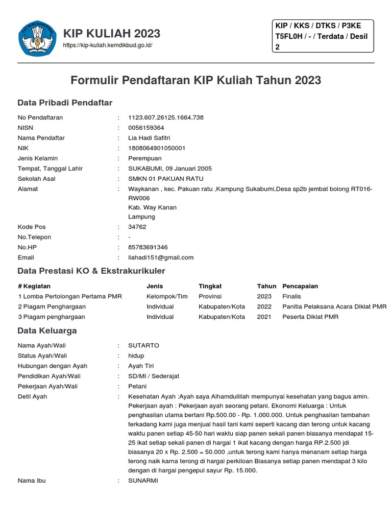 Contoh Formulir KIP Kuliah 2023 | PDF