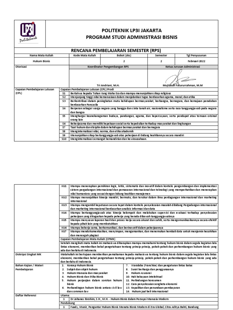 RPS Hukum Bisnis | PDF