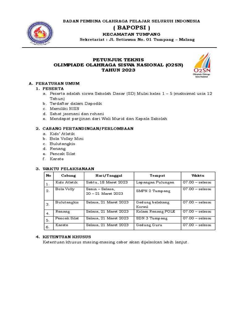 Petunjuk Teknis Seleksi O2sn 2023 | PDF