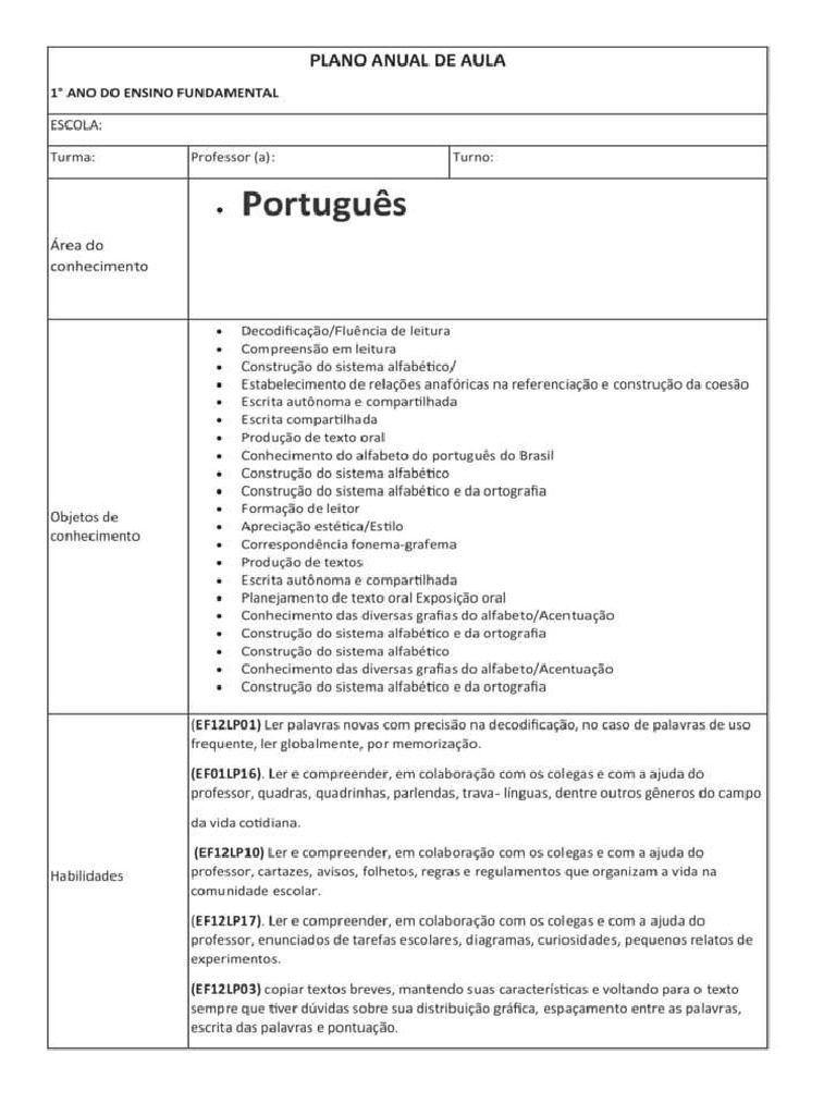 Plano de Aula 1 Ano | PDF