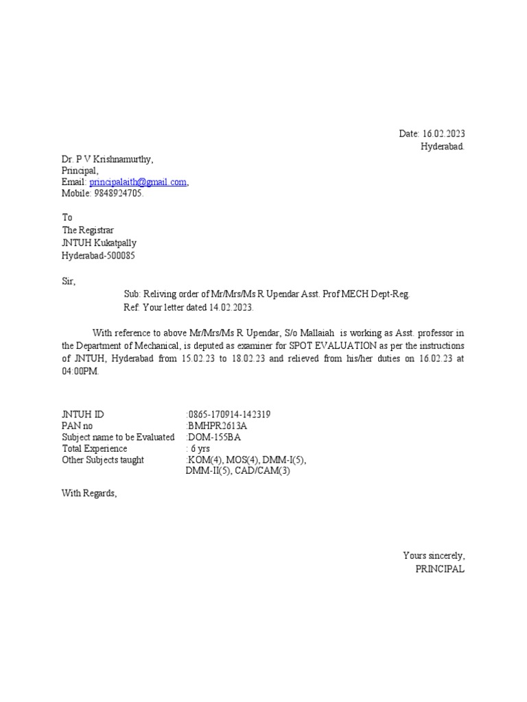 Spot Relieving Letter for Evaluation | PDF