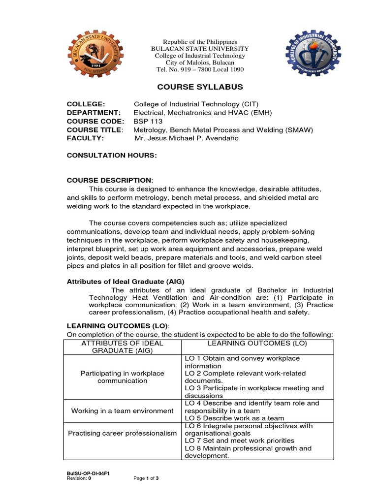 Module OBE Syllabus BSP113 SMAW 2022 23 | PDF | Welding | Construction
