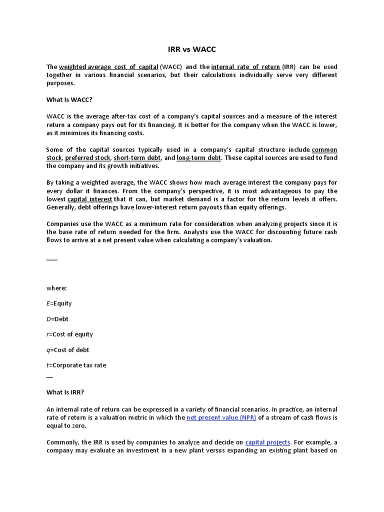 IRR vs WACC - Understanding key capital return metrics | PDF | Internal ...