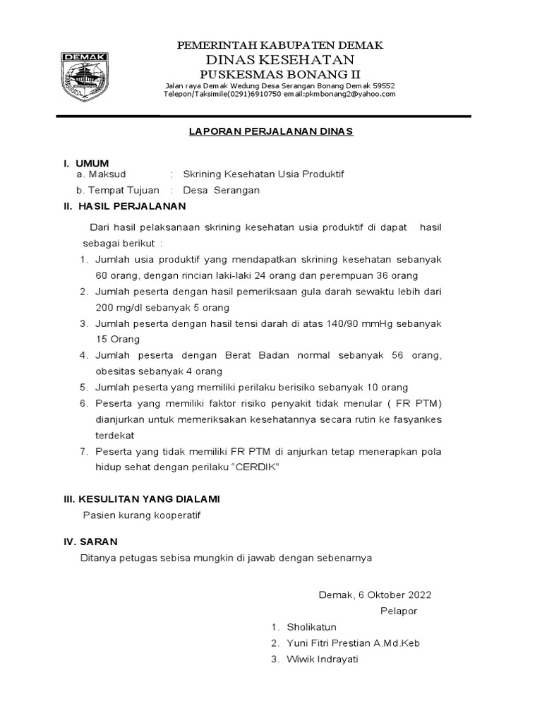 CONTOH LAPORAN HASIL Skrining Keshtn Usia Produktif | PDF