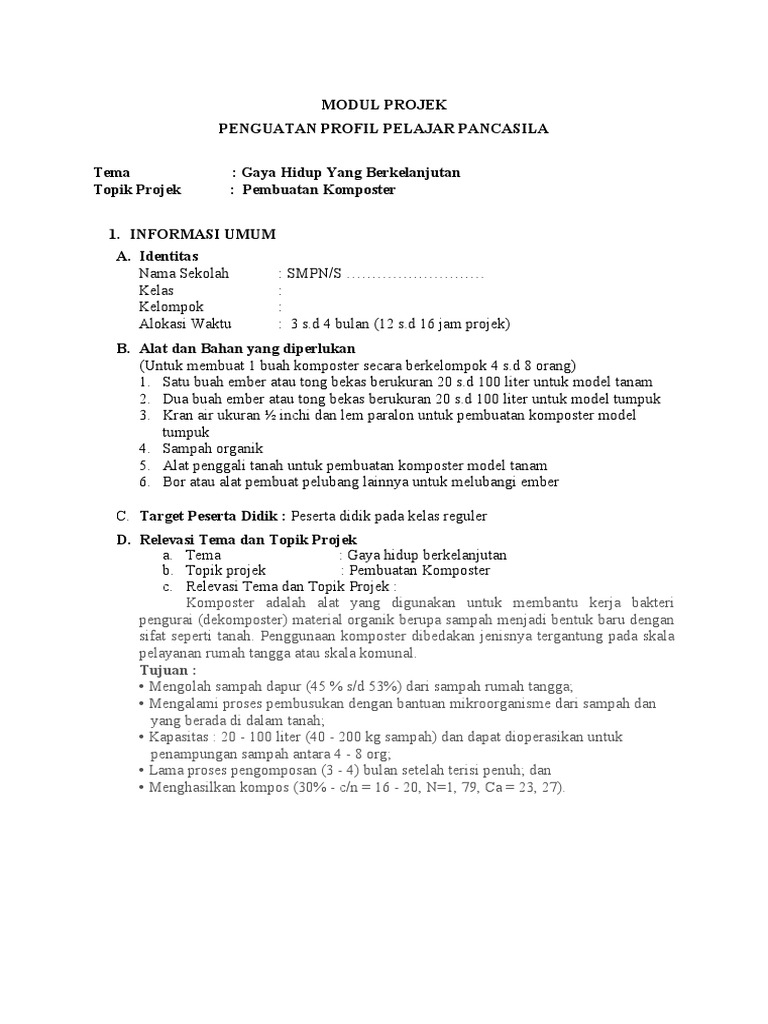 Contoh Rencana MODUL PROJEK - TdBA - Komposter - Anton | PDF