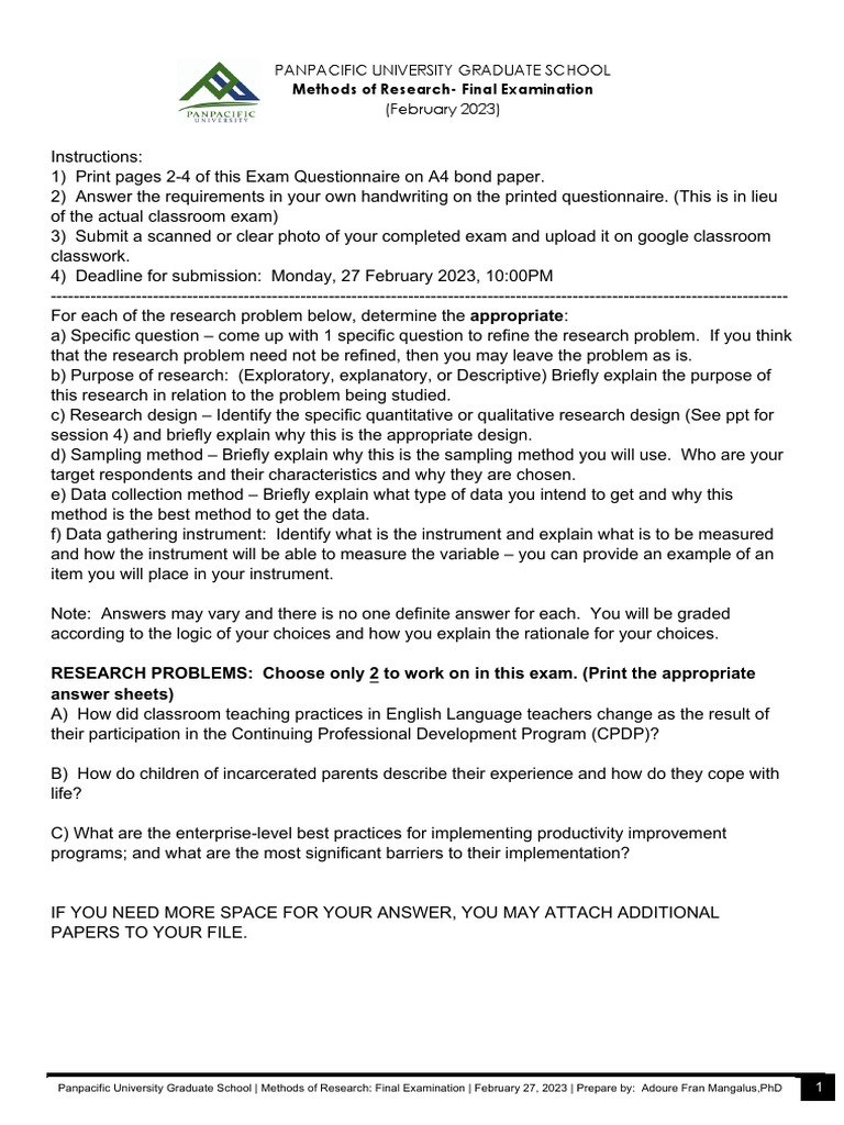 Methods of Research-Final Examination: Panpacific University Graduate ...