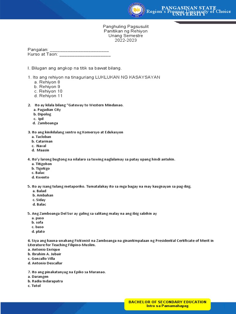 Final Final Exam Panitikan NG Rehiyon | PDF