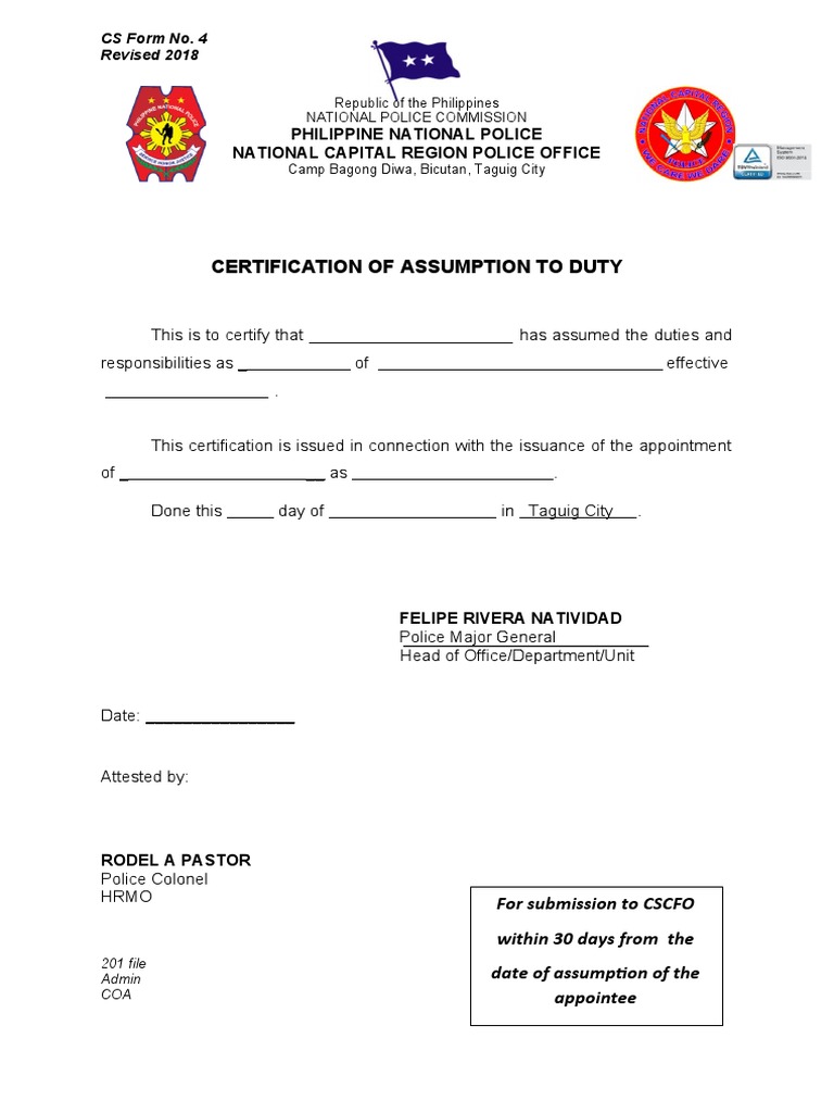 Assumption To Duty BLANK | PDF