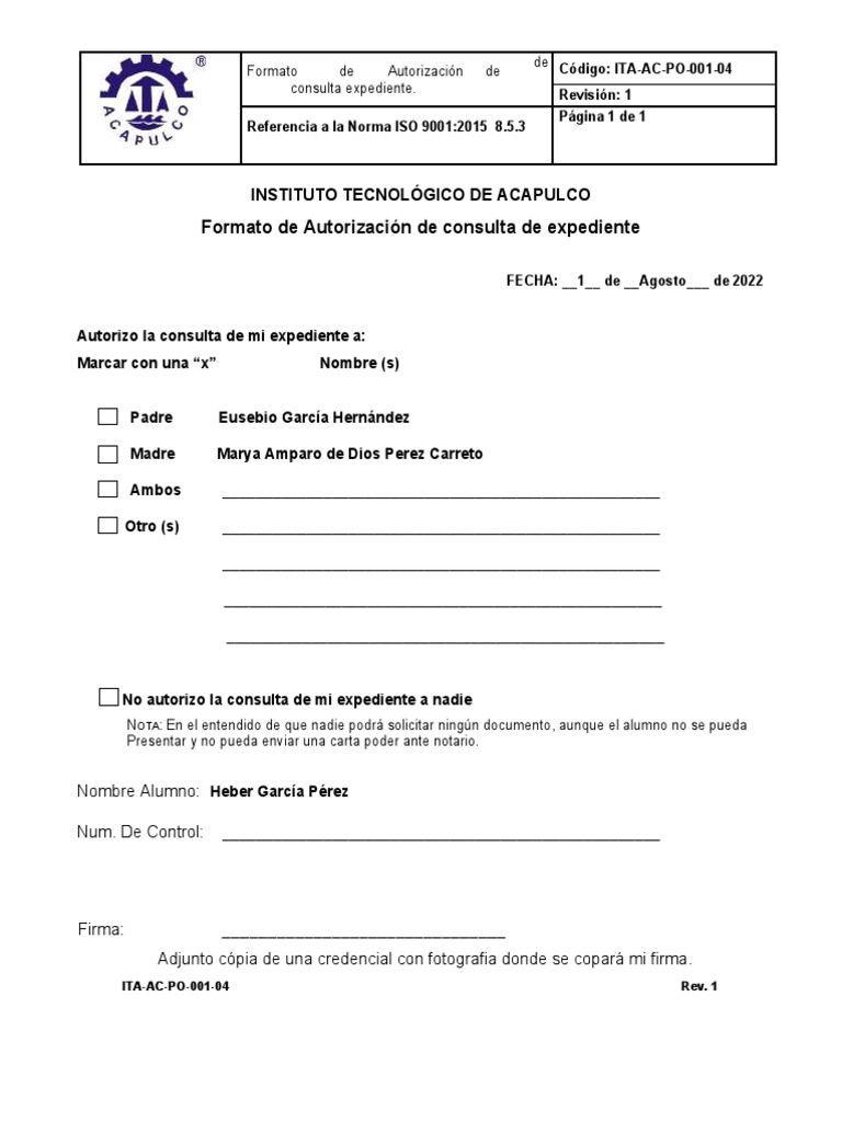 Formato de Autorizacion de Consulta de Expediente | PDF