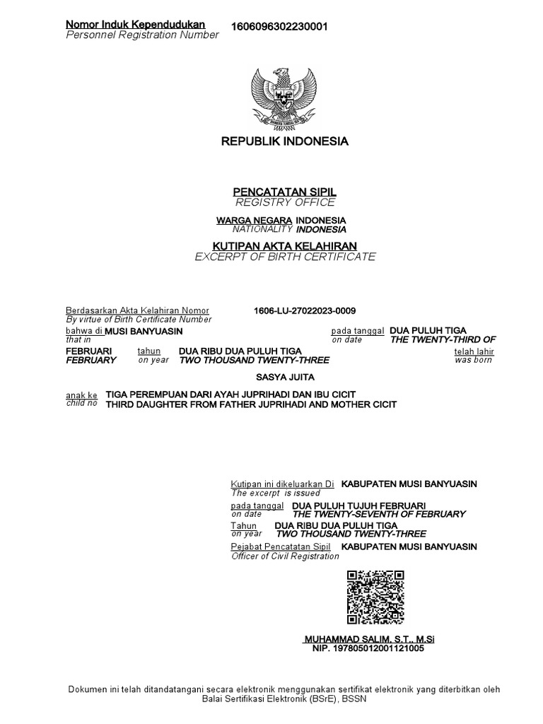 Kutipan Akta Kelahiran Sasya Juita | PDF