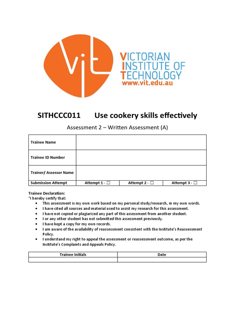SITHCCC011 - Written Assessment | PDF | Cooking | Roasting