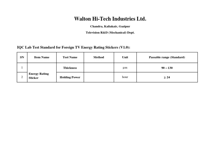 IQC Lab Testing Standad For TV Energy Rating Stickers V1.0 | PDF