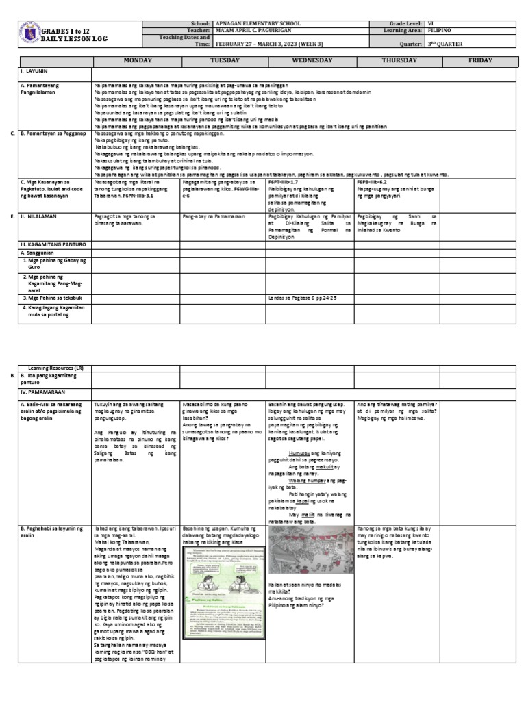 Quarter 3 Week 3 Grade 6 DLL FILIPINO | PDF