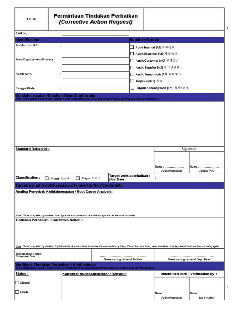 Corrective Action Request Audit Form | PDF | Audit | Quality