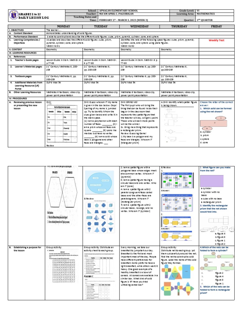 Grade 6 Math DLL Q3 Week 3 | PDF | Shape | Euclidean Geometry