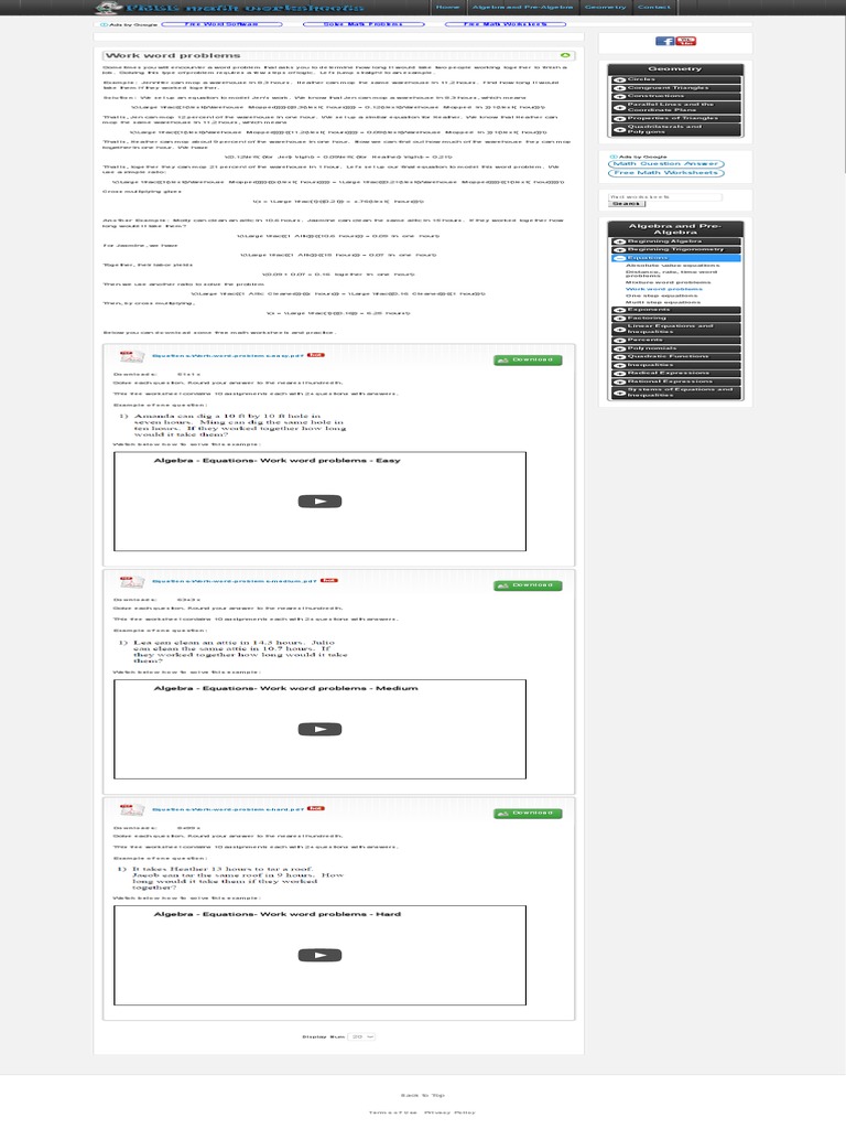 Work Word Problems Worksheets | PDF | Equations | Mathematics
