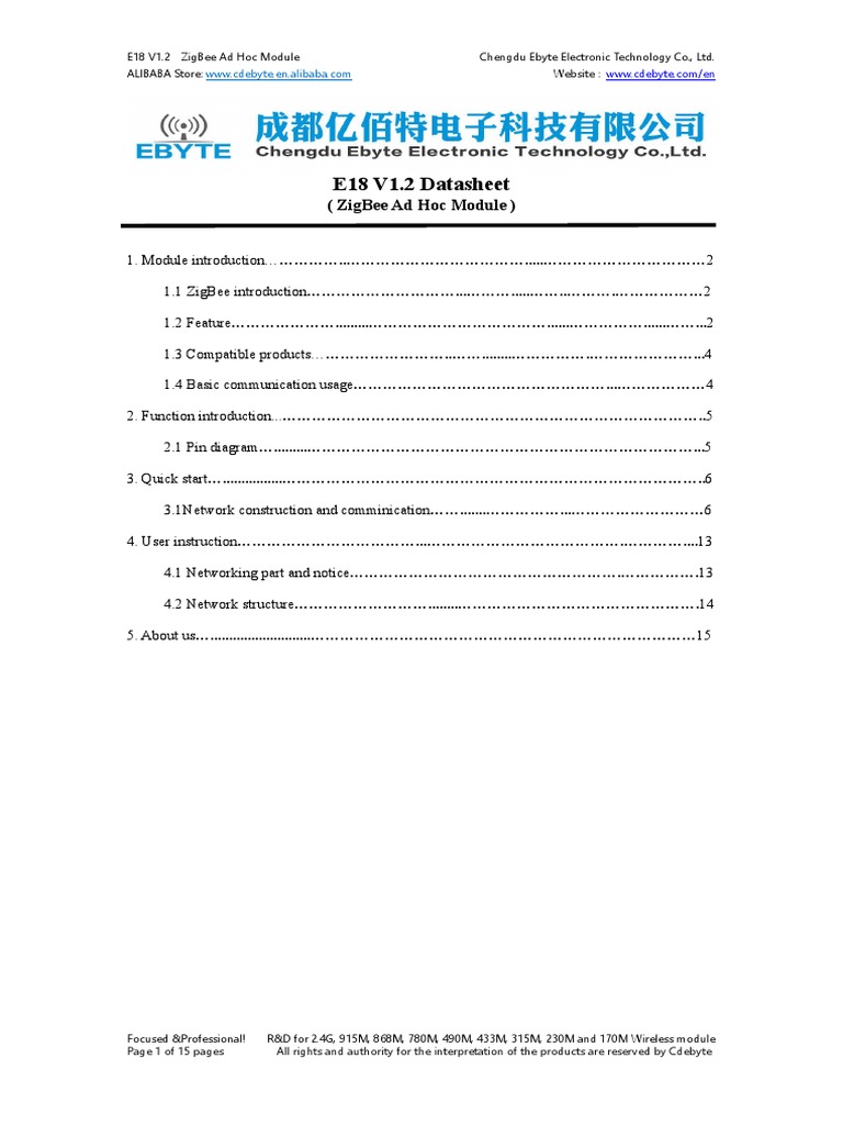 E18 Software Datasheet EN v1.2 | PDF | Computer Network | Wireless Ad Hoc Network