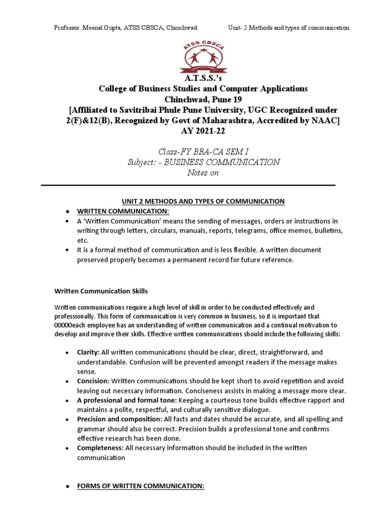 Unit 2 Notes On Methods and Types of Communication | PDF ...