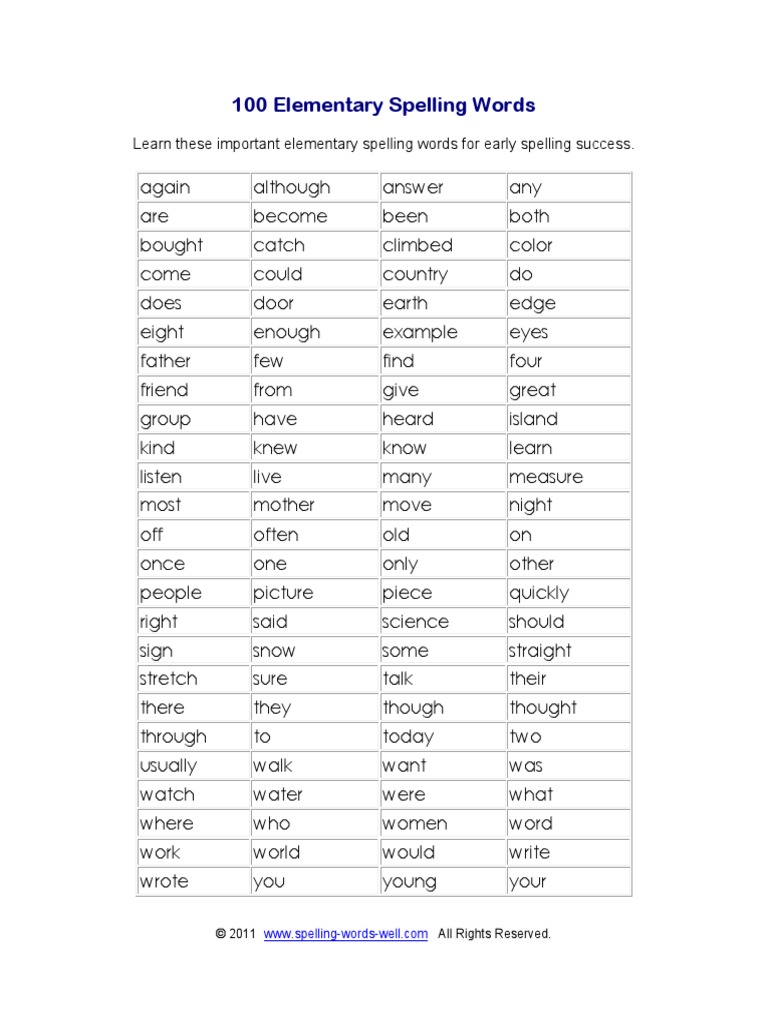 Elementary Spelling Words 100 | PDF