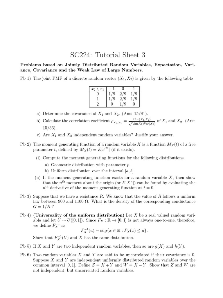Tutorial Sheet 3 | Download Free PDF | Probability Distribution | Random Variable