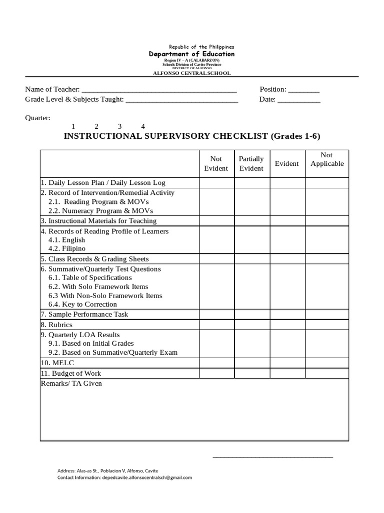 Version 2 INSTRUCTIONAL SUPERVISORY CHECKLIST Grades 1 To 6 | PDF ...
