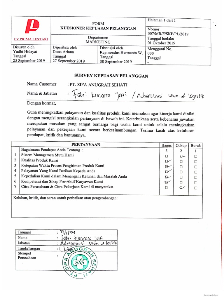 Kuisioner CV Prima Lestari | PDF