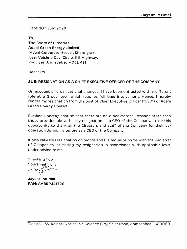 Resignation Letter MR Jayant Parimal CEO | PDF