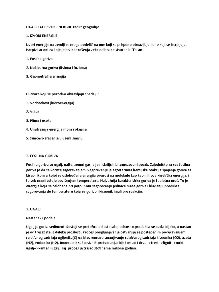 UGALJ KAO IZVOR ENERGIJE Rad Iz Geografije | PDF