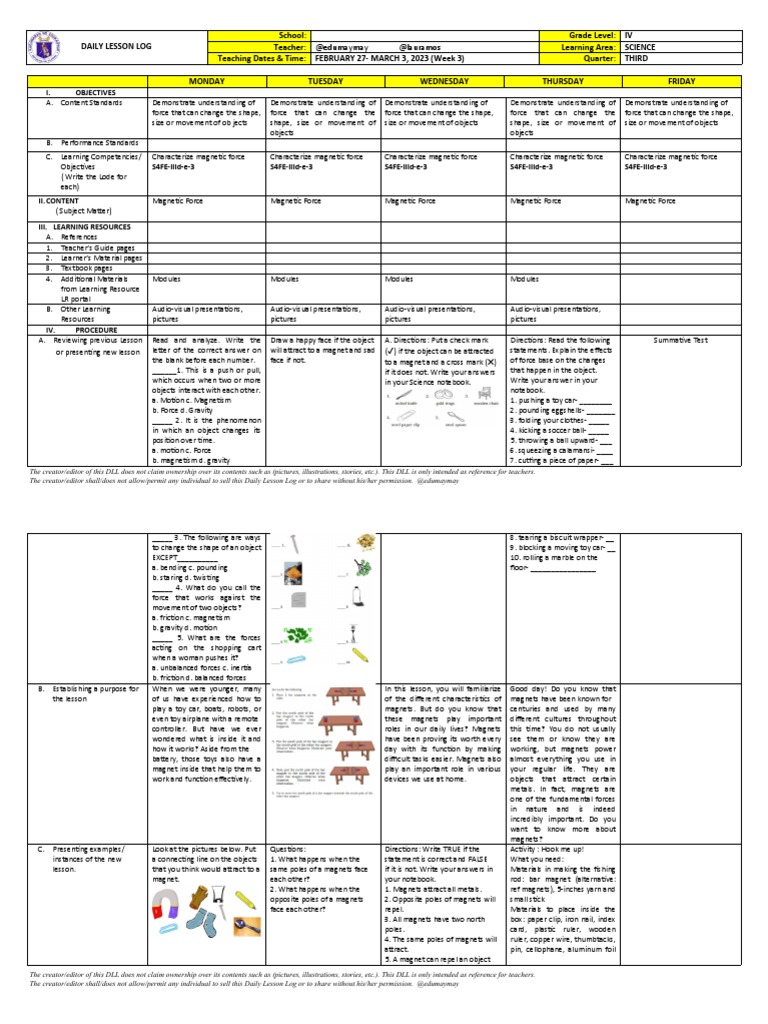 DLL - SCIENCE 4 - Q3 - WEEK 3 Characterize Magnetic Force@edumaymay ...