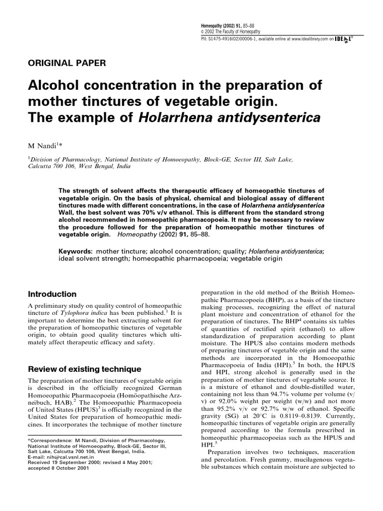 Optimal Alcohol Concentration in Tinctures | PDF | Homeopathy | Ethanol