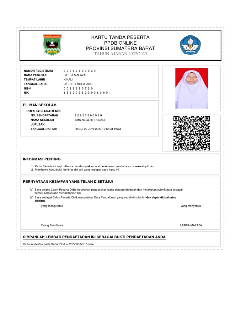 Kartu Tanda Peserta PPDB Online Provinsi Sumatera Barat: TAHUN AJARAN ...