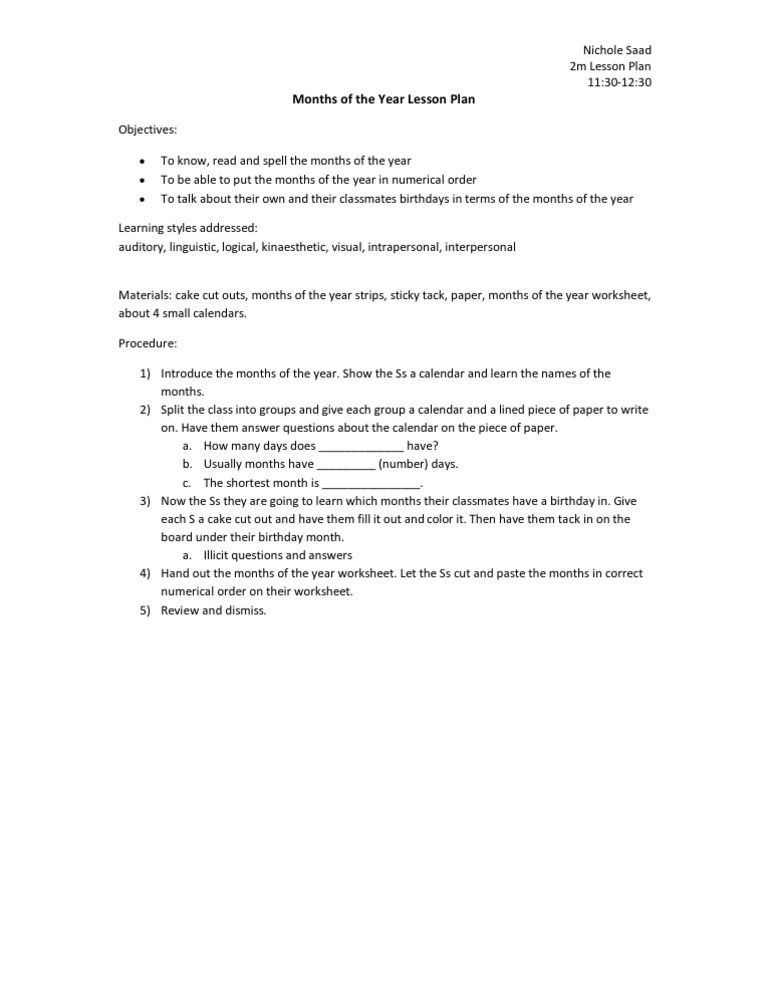 Months of The Year Lesson Plan | PDF