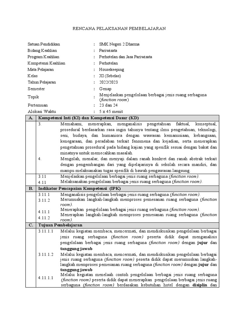 RPP Pengelolaan Berbagai Jenis Ruang Serbaguna (Function Room) | PDF ...