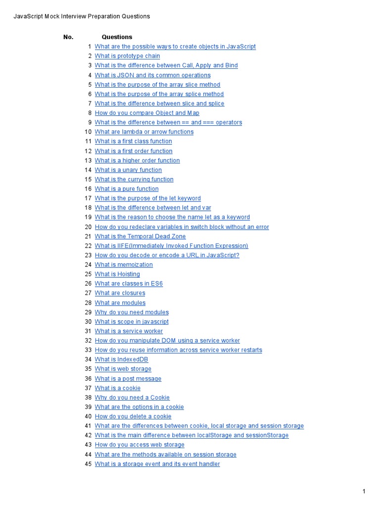 Javascript Mock Interview Preparation Questions Sheet1 Pdf Java Script Parameter 1650